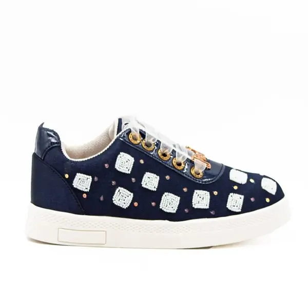 RETTROSE Isabelle Luxury Navy Satin Handmade Embellished Tennis Shoe - Blue