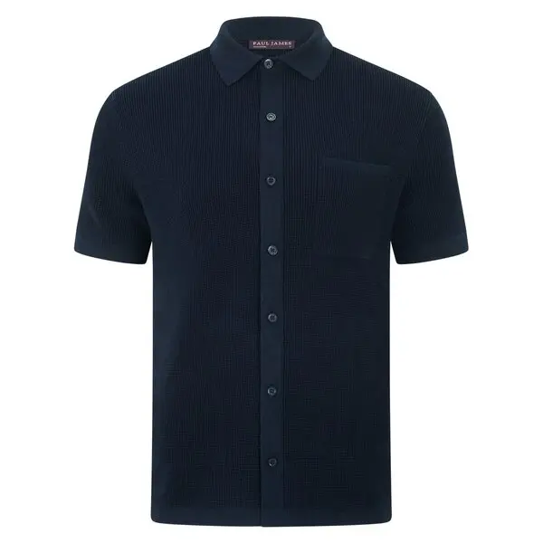 PAUL JAMES KNITWEAR Lightweight Cotton Franki Waffle Knit Shirt Navy - Blue