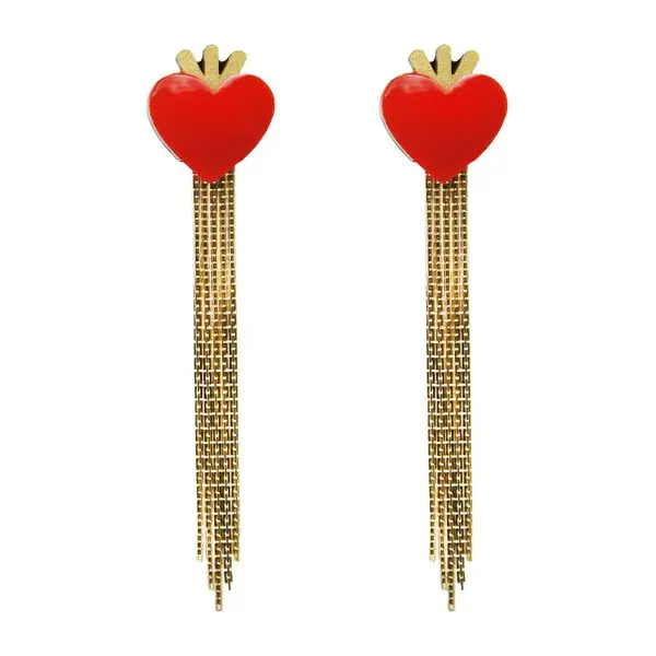 GISSA BICALHO Handmade Acrylic Earrings Heart & Fringe - Red
