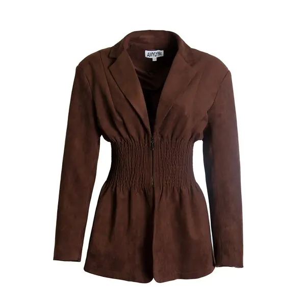 AMY LYNN Rina Faux Suede Boxy Blazer Jacket With Smocked Waist - Brown