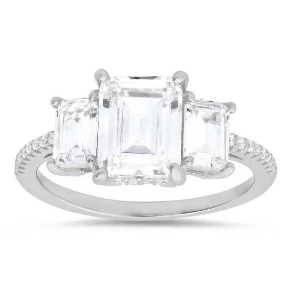 KYLIE HARPER Three Stone Emerald Cut Diamond Cz Statet Ring In Sterling - Silver