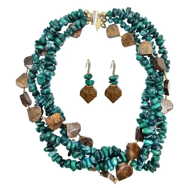 FARRA Bamboo Coral With Tiger Eye Stone Multi-layers Necklace And Earrings Set