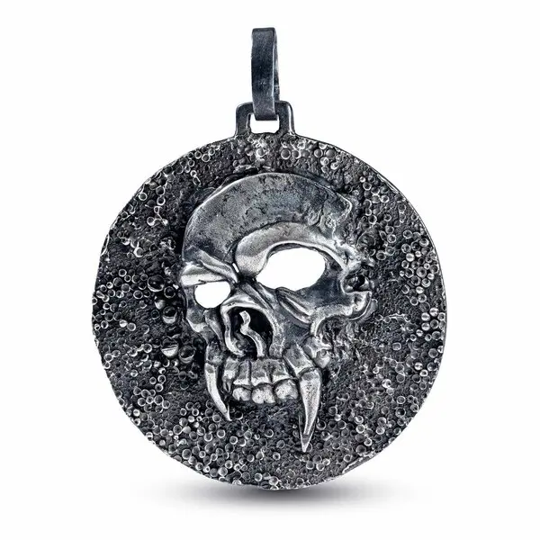 GERMAN KABIRSKI Helm Oxidized Skull Pendant On Dark Textured Surface - Silver