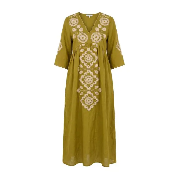 RAFFYA Arianna V- Neck Embroidered Maxi Dress In Chartreuse - Green