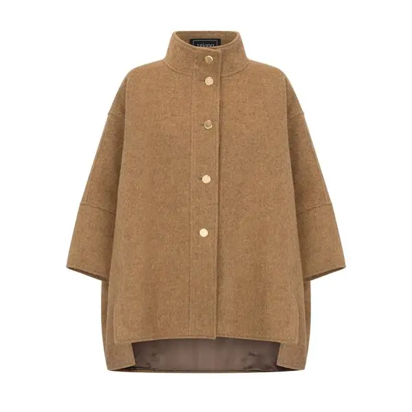 TRIONA Neutrals Camel Tracey Stand Collar Cape - Beige