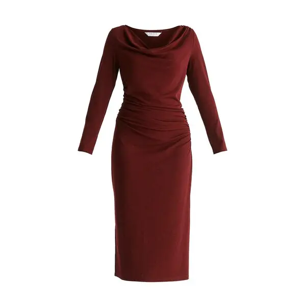 PAISIE Ruched Jersey Dress With Draped Neck In Burgundy - Red