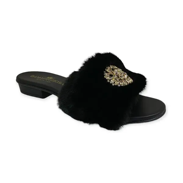 DAMAPREZIOSA Victoria Flat Sandal In Faux Fur With Crystals - Black