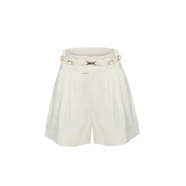 WOMEN & WOMEN Neutrals/ High-waisted, Accessorized Belt Detailed, Pleated Ecru Shorts