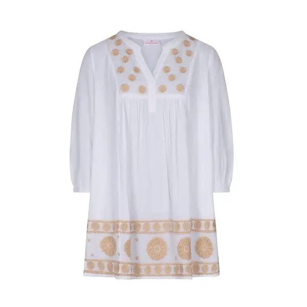 LA MANDARINE White / Pink White Cotton Gauze Beach Kaftan With Pink Embroidery And Pockets - White/pink