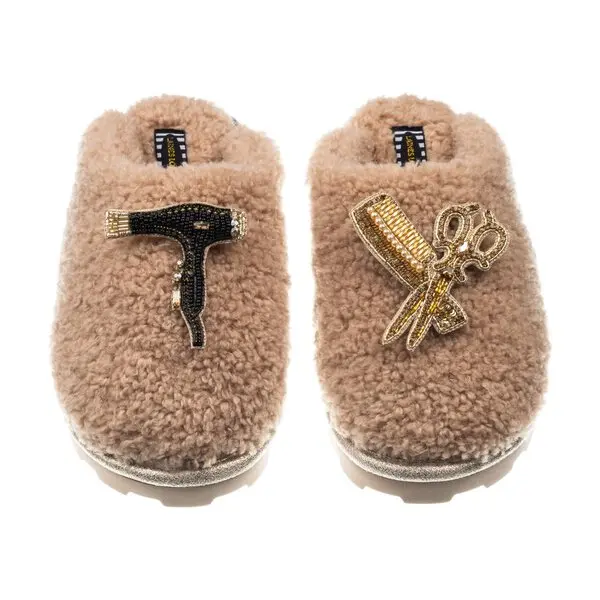 LAINES LONDON Neutrals Teddy Closed Toe Slippers With Hairdresser Brooches Toffee - Brown