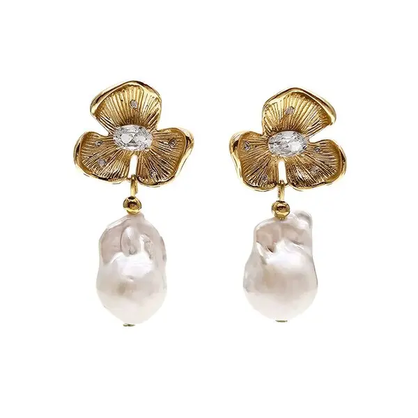 FARRA Elegant Baroque Freshwater Pearl Flower Stud Earrings - White