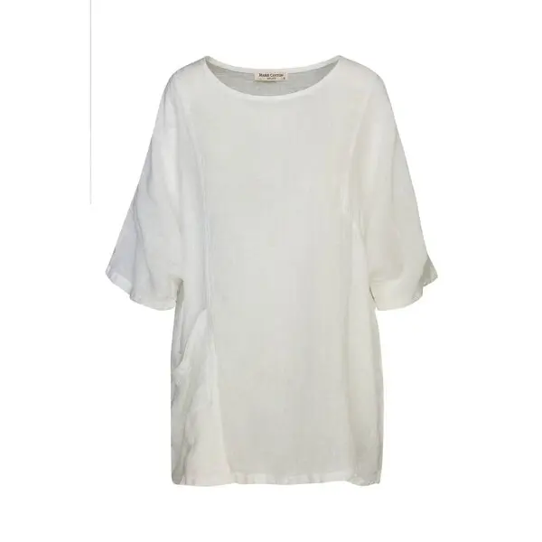 Haris Cotton Front Pocket Curve Linen Gauze Blouse With Batwing Sleeve - White