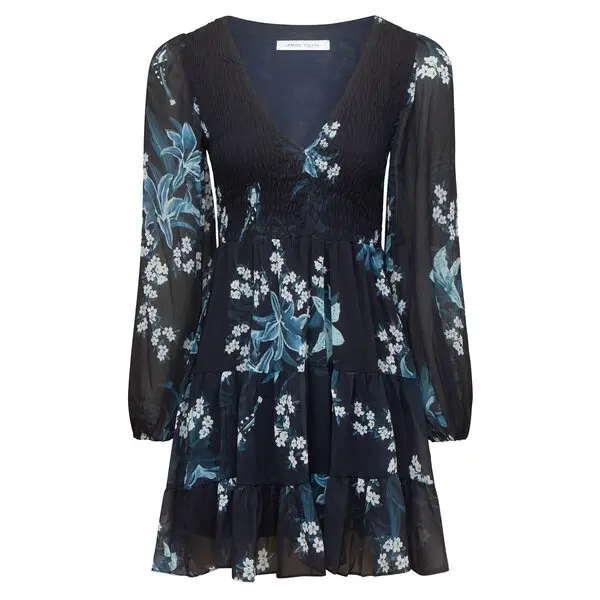 URBAN TOUCH Floral Print Long Sleeve Smock Dress Navy - Blue