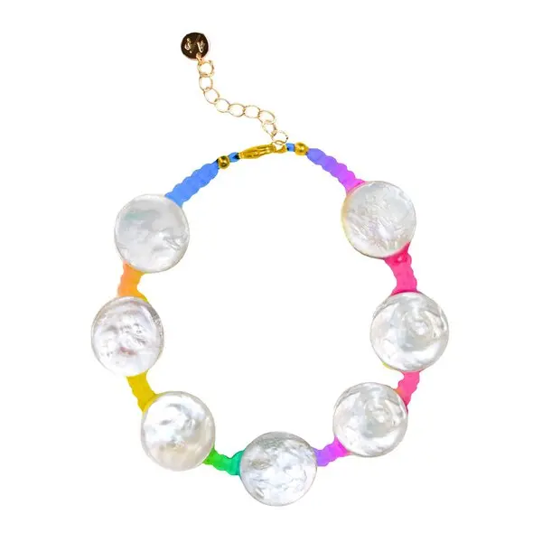 ADRIANA PAPPAS DESIGNS Coin Pearl Anklet On Colored Cord Rainbow - Yellow