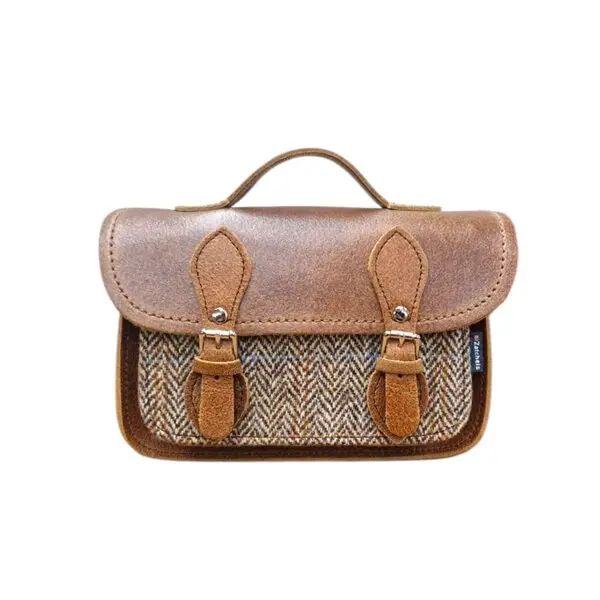 ZATCHELS Handmade Tannery Leather & Tweed Cross Body Micro Satchel Plus Tan - Brown
