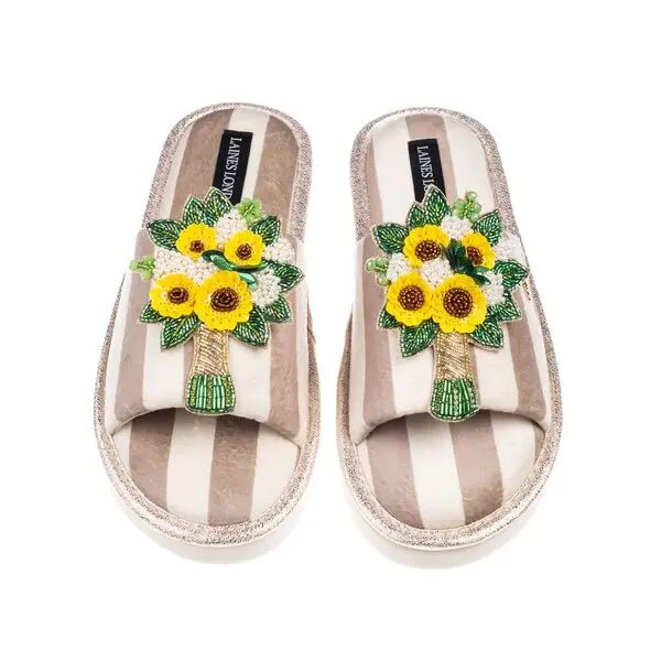 LAINES LONDON Brown / Neutrals / White Flatform Stripe Open Toe Slippers With Yellow Bouquet Brooches Beige & Cream - Brown/white