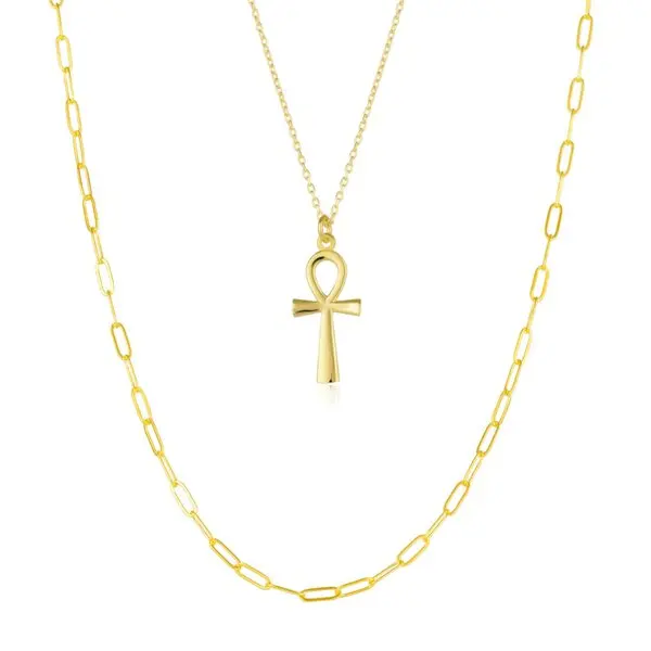 SPERO LONDON Sterling Silver Egyptian Ankh & Large Rectangular Chain Necklace - Gold