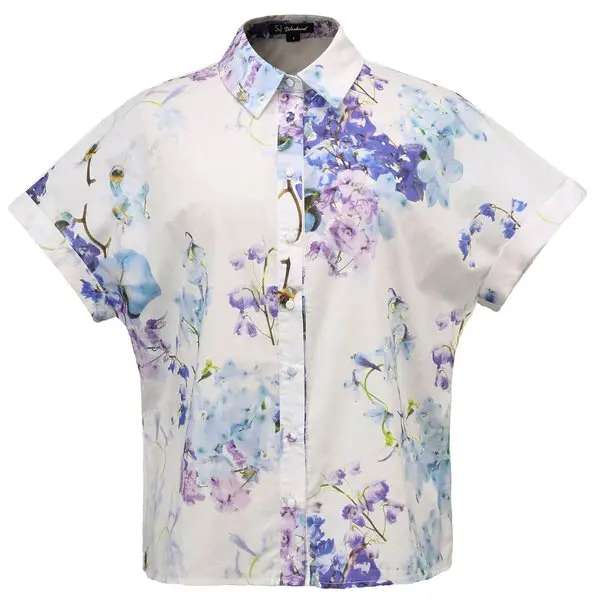 SMART AND JOY Macro Floral Print Short Sleeves Shirt - Blue