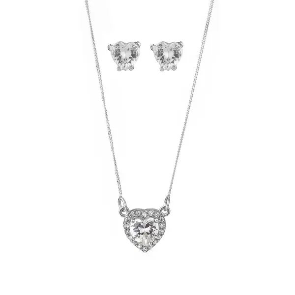 CHIARELLA Neutrals Central Heart Set – White: Necklace + Earrings - Silver
