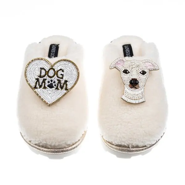 LAINES LONDON Teddy Closed Toe Slippers With Olive The Italian Greyhound & Dog Mum / Mom Brooches Cream - White