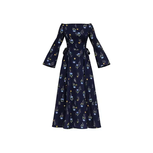 RAINSISTERS Adjustable Waist Midi Dress: Meadow Dream - Blue