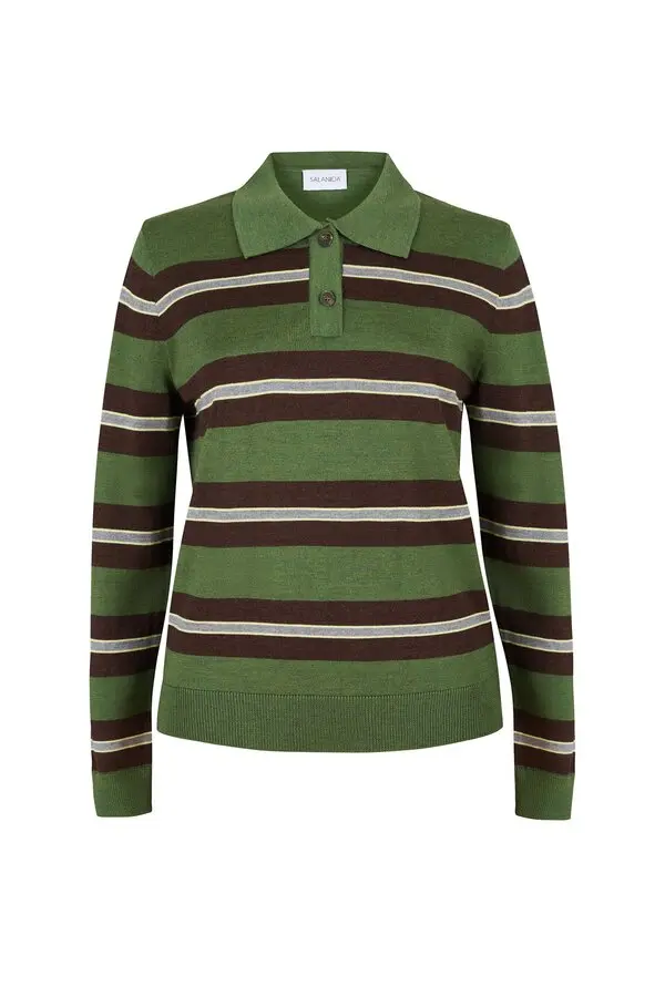 SALANIDA Galante 100% Merino Polo Top Olive Stripes - Green