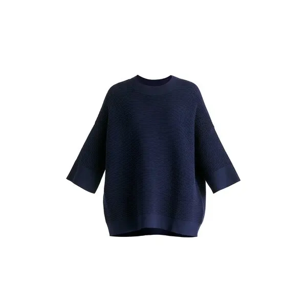 PAISIE Mock Neck Cropped Sleeve Ribbed Jumper In Navy - Blue