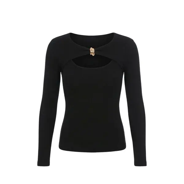 MONLICIA Gold Detail Cutout Long Sleeve Stretch Mila Top - Black