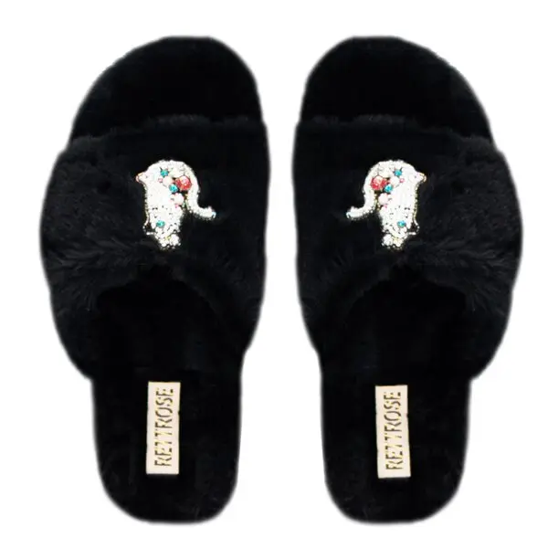 RETTROSE Alexandra Luxury Plush Diamanté Embellished Handmade Slipper - Black