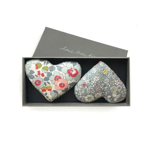 LIME TREE DESIGN Love Heart Box Of Two Lavender Hearts Made With Liberty Fabric - Grey