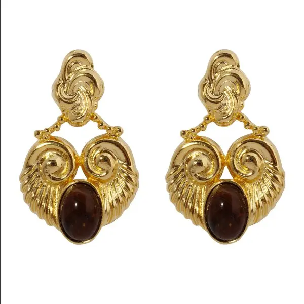 CARAMEL VINTAGE JEWELLERY Disco Earrings With Brown Accent - Gold