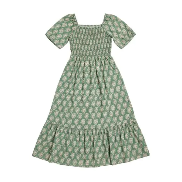 LATELIER LONDON Block Print Smocked Cotton Midi Dress - Green