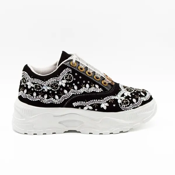 RETTROSE Ava Luxury Suede Handmade Embellished Trainers - Black