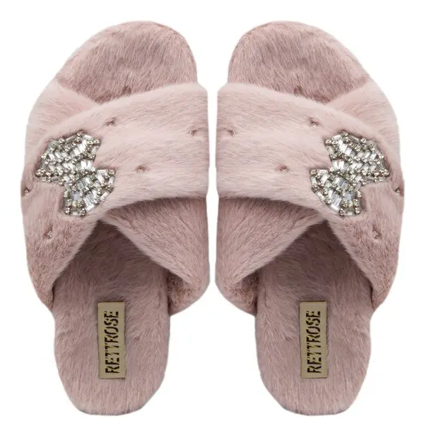 RETTROSE Neutrals Fefe Nude Luxury Plush Diamanté Bow Embellished Handmade Slipper - Grey