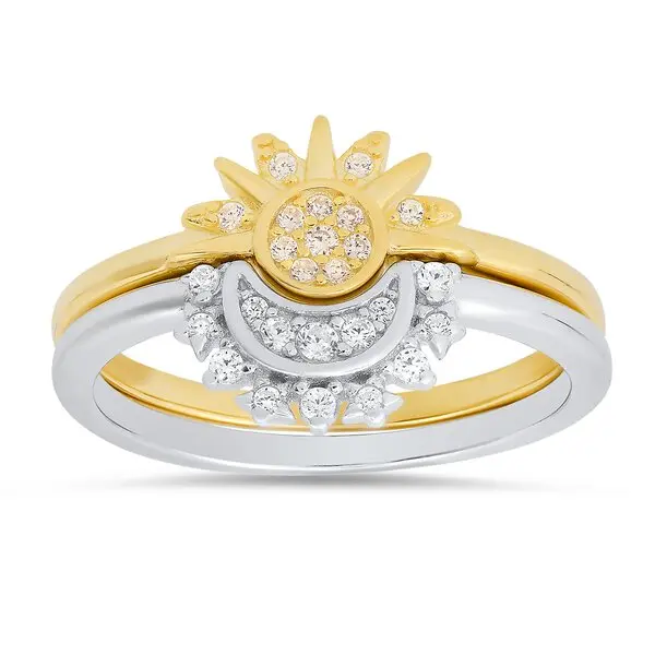 KYLIE HARPER Silver / Gold Two-tone Sun & Moon Diamond Cz 2pc Stackable Ring Set In Sterling Silver - Silver/gold
