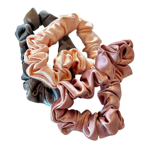 SOFT STROKES SILK Set Of Three Pure Mulberry Silk Mini Scrunchies Weekly Special Hair Ties Rose Romance - Pink