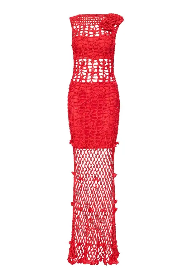 ANDREEVA Cherry Handmade Maxi Crochet Dress - Red