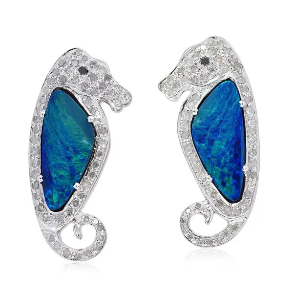 ARTISAN White / Blue Blue Opal & Diamond Seahorse Earrings In Silver And 18k White Gold - White/blue
