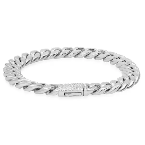 STEELTIME Stainless Steel 10mm Miami Cuban Bracelet With Cz Monaco Clasp 8.5 Inch - Silver