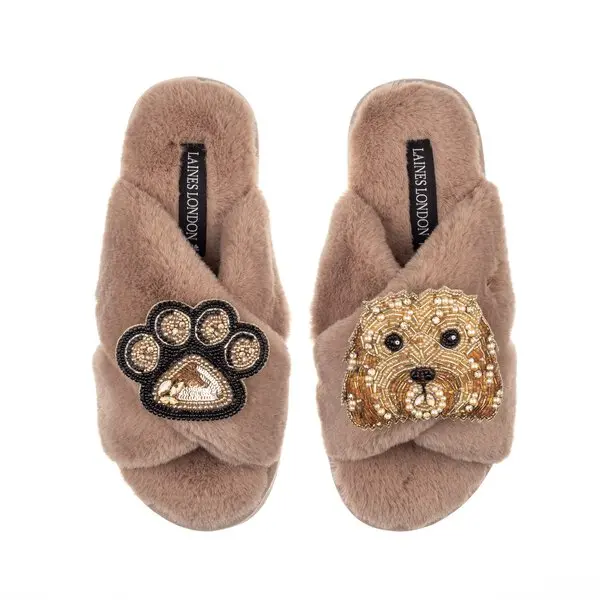 LAINES LONDON Embellished Faux Fur Cross Strap Slippers With Dog And Paw Brooches