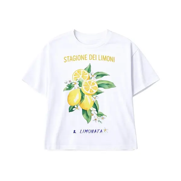 YUMI Retro Relaxed Lemon Print Cotton T Shirt - White