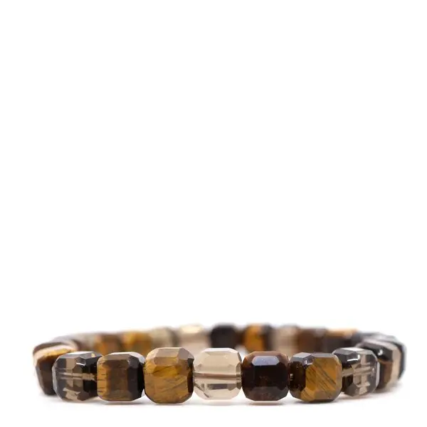Shar Oke Tiger's Eye & Smoky Quartz Cube Beaded Bracelet - Brown