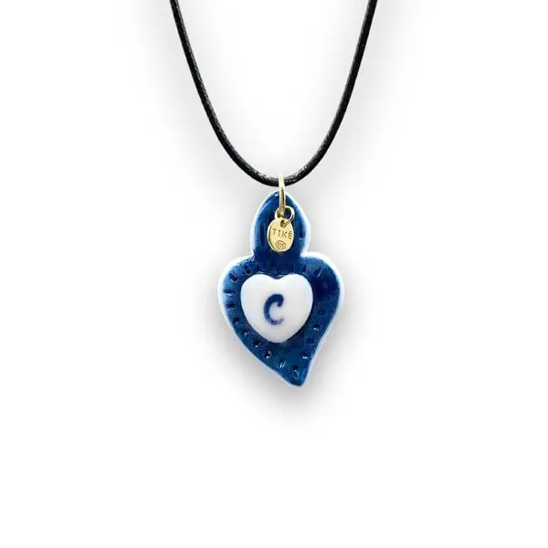 Tiké Jewels Blue Sacred Heart Initial Letter C Porcelain Choker Necklace – Plated - Gold