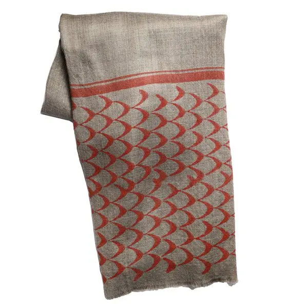 BABS BOUTIQUE NYC Neutrals / Cashmere Hand Block Printed Scarves Beige Scallop Design - Orange