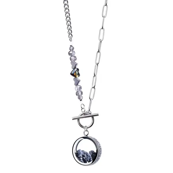 MY LITTLE NATURE Snowflake Obsiadian Necklace With Joyful Beaded Toggle Clasp Chain Crystals Gemstone Jewelry Birthstone Necklace - Silver