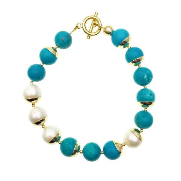 FARRA Round Turquoise & Freshwater Pearls Bracelet - Blue