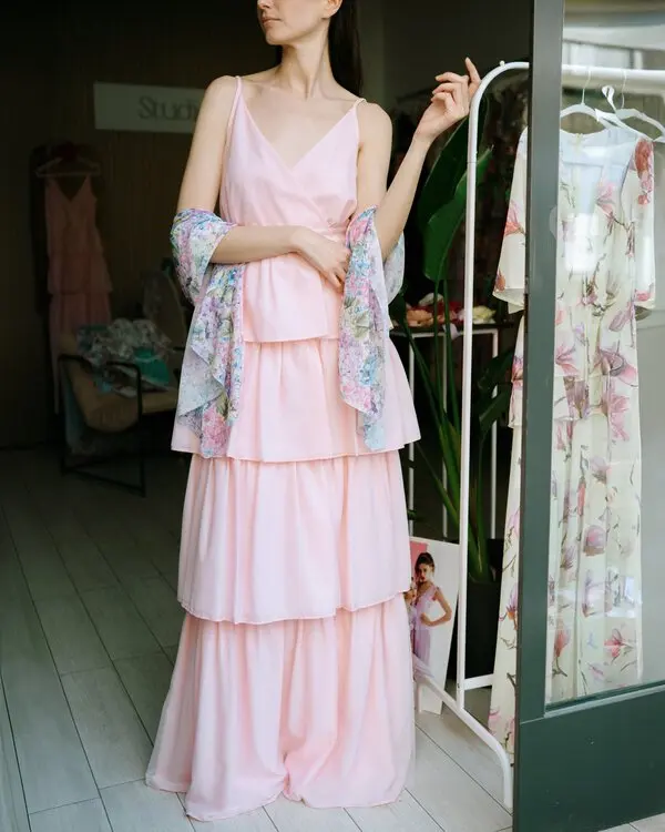 NEVA Althea Tiered Tulle Occasion Maxi Dress - Pink