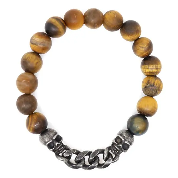 Shar Oke Brown / Silver Brown Tiger's Eye & Skulls Bracelet - Brown/silver