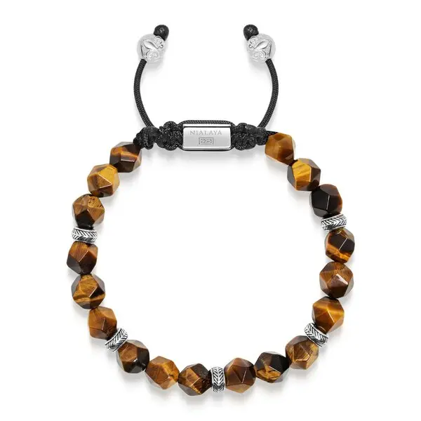 NIALAYA JEWELRY Sterling Silver Faceted Beaded Bracelet With Tiger Eye - Brown