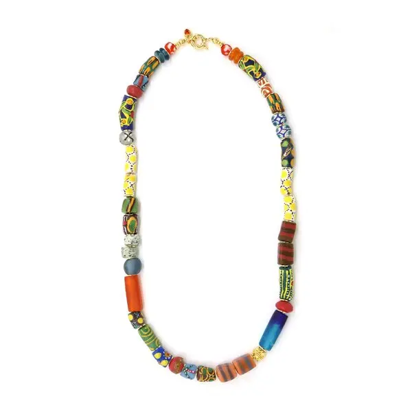 Shar Oke African Krobo Multicoloured Glass Necklace V5 - Gold